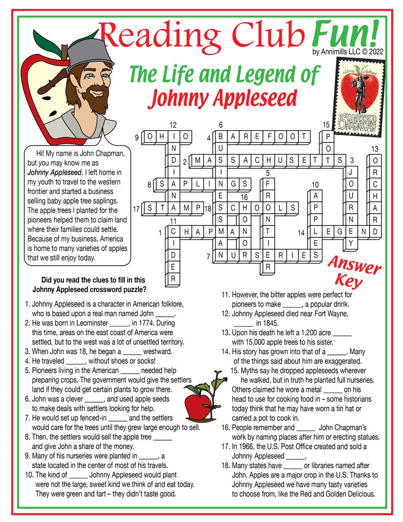 Johnny Appleseed Crossword and Word Search Puzzles - Etsy