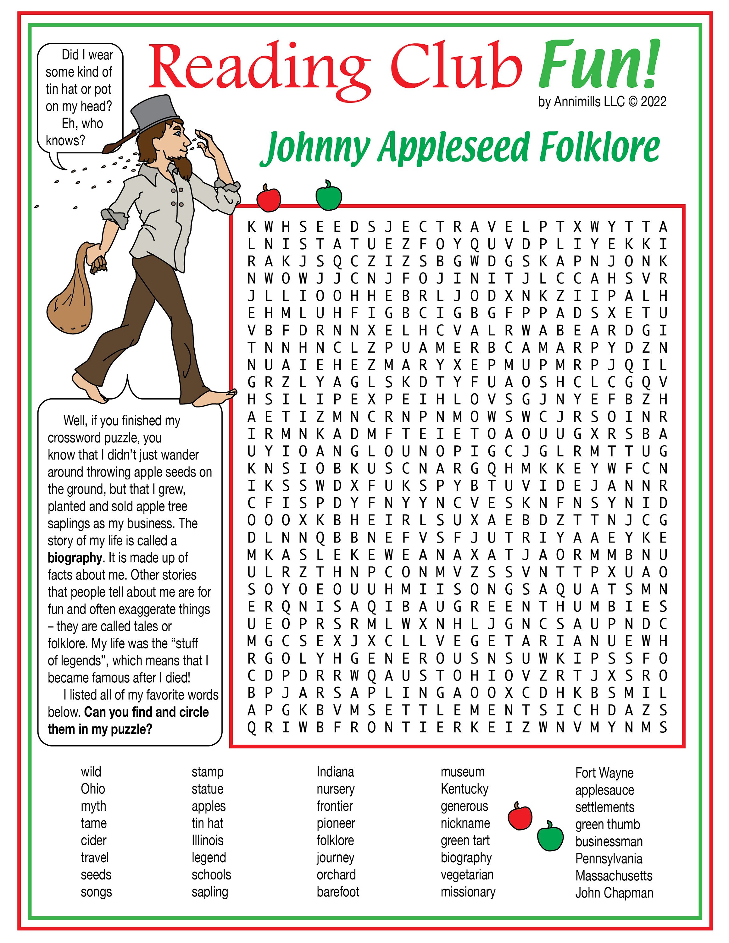 Johnny Appleseed Crossword and Word Search Puzzles - Etsy