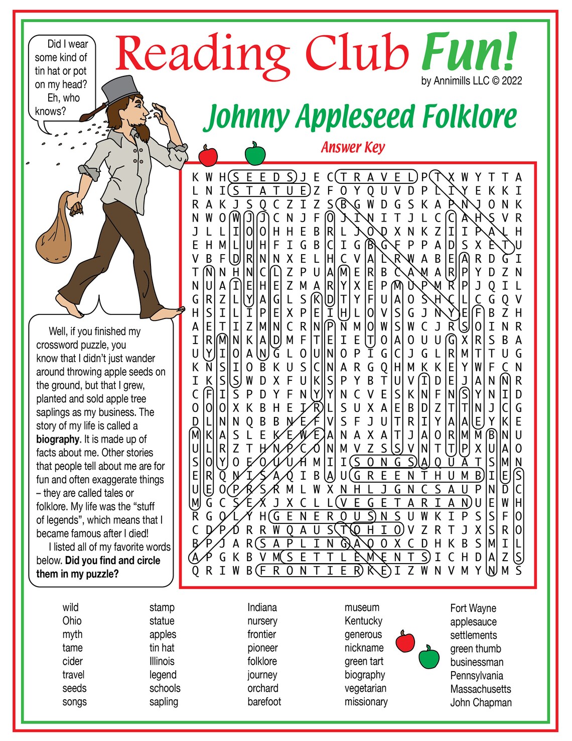 Johnny Appleseed Crossword and Word Search Puzzles - Etsy