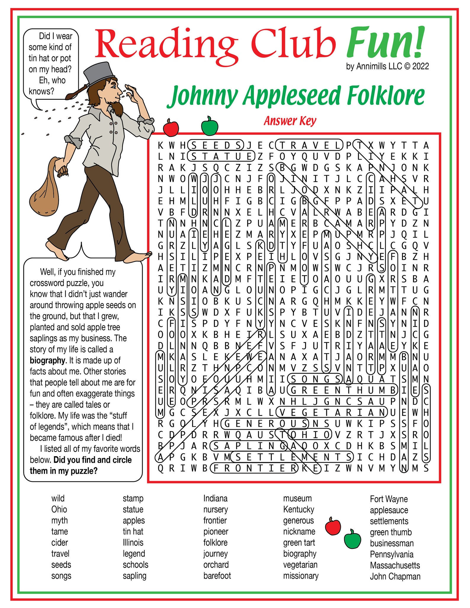 Johnny Appleseed Crossword and Word Search Puzzles - Etsy