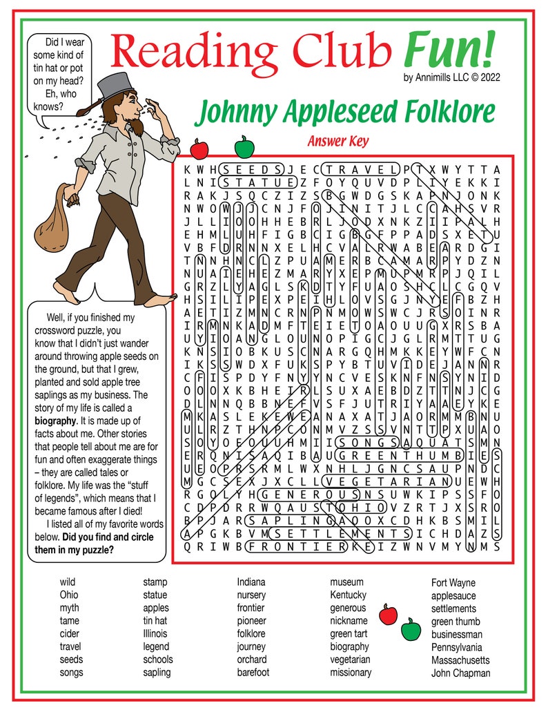 Johnny Appleseed Crossword and Word Search Puzzles - Etsy