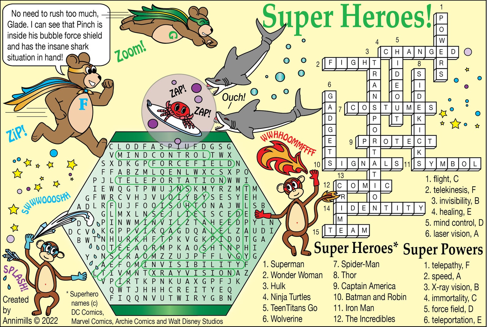 Super Heroes, Super Powers, Comics and Onomatopoeia Printable Puzzle ...