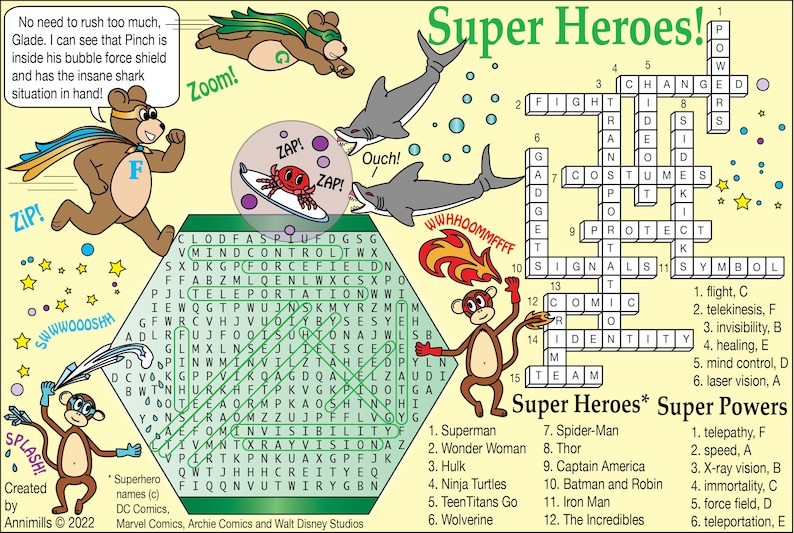 Super Heroes, Super Powers, Comics and Onomatopoeia Printable Puzzle ...