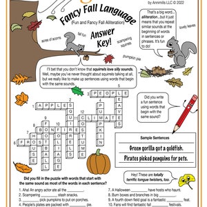 Fall Alliteration Printable Crossword Puzzle - Etsy