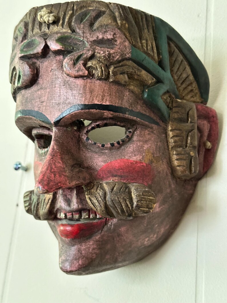 Guatemalan Folk Art Mask 1950s Red, Green Pointy Nosed Man With a ...