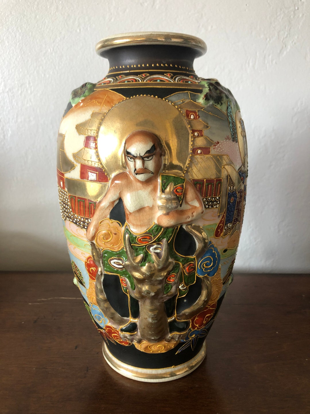 Vintage Japanese Satsuma Moriage Vase Hand Painted Geisha & Samurai ...