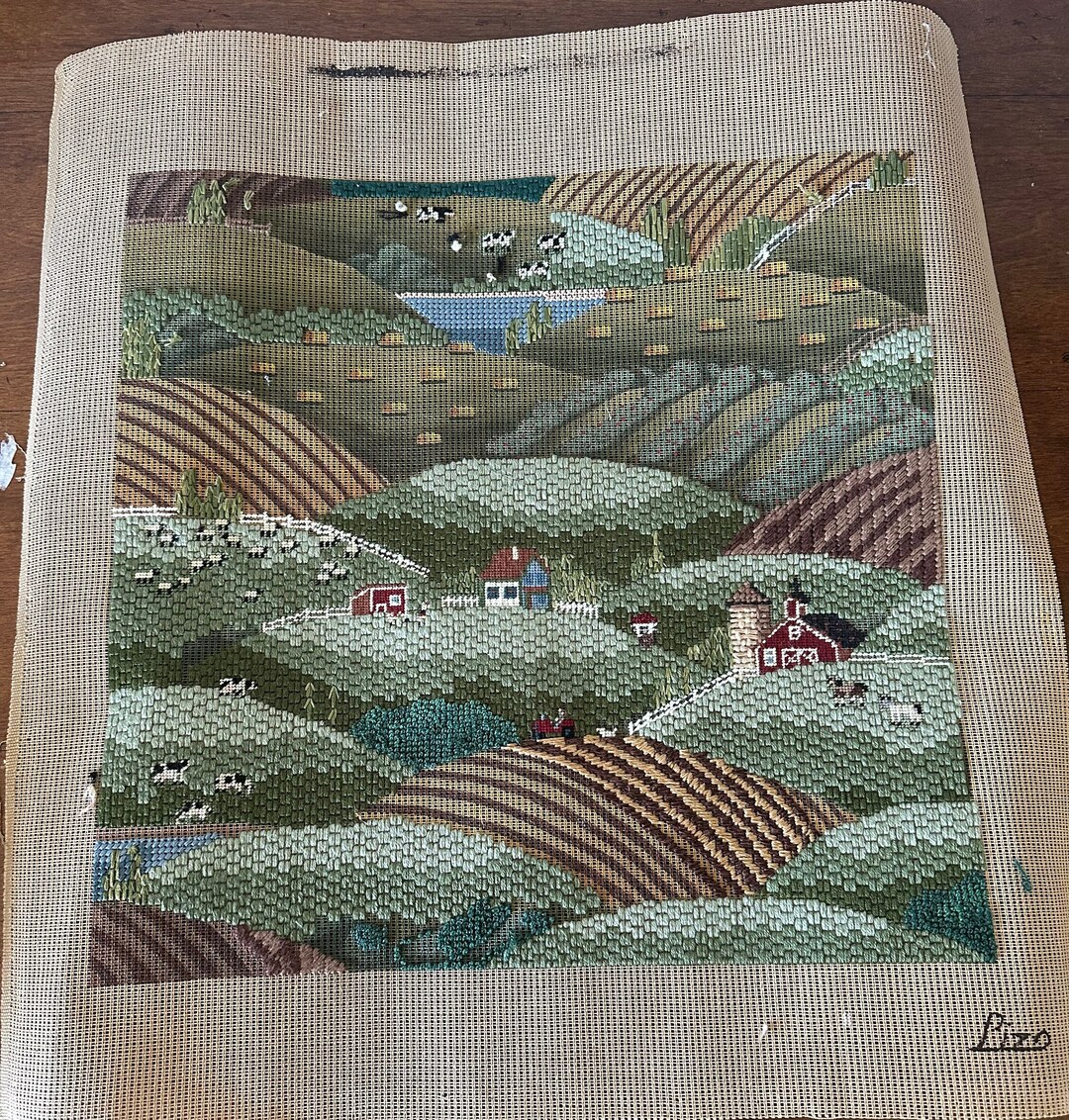 Unfinished Needlepoint Farmhouse Cow Pasture Country Rustic Scene - Etsy