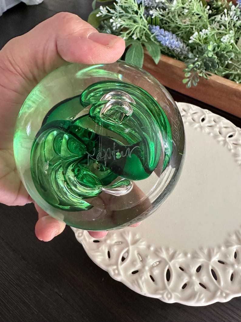 Vintage Green and Clear Paperweight Signed by Michelle Kaptur, Clear ...