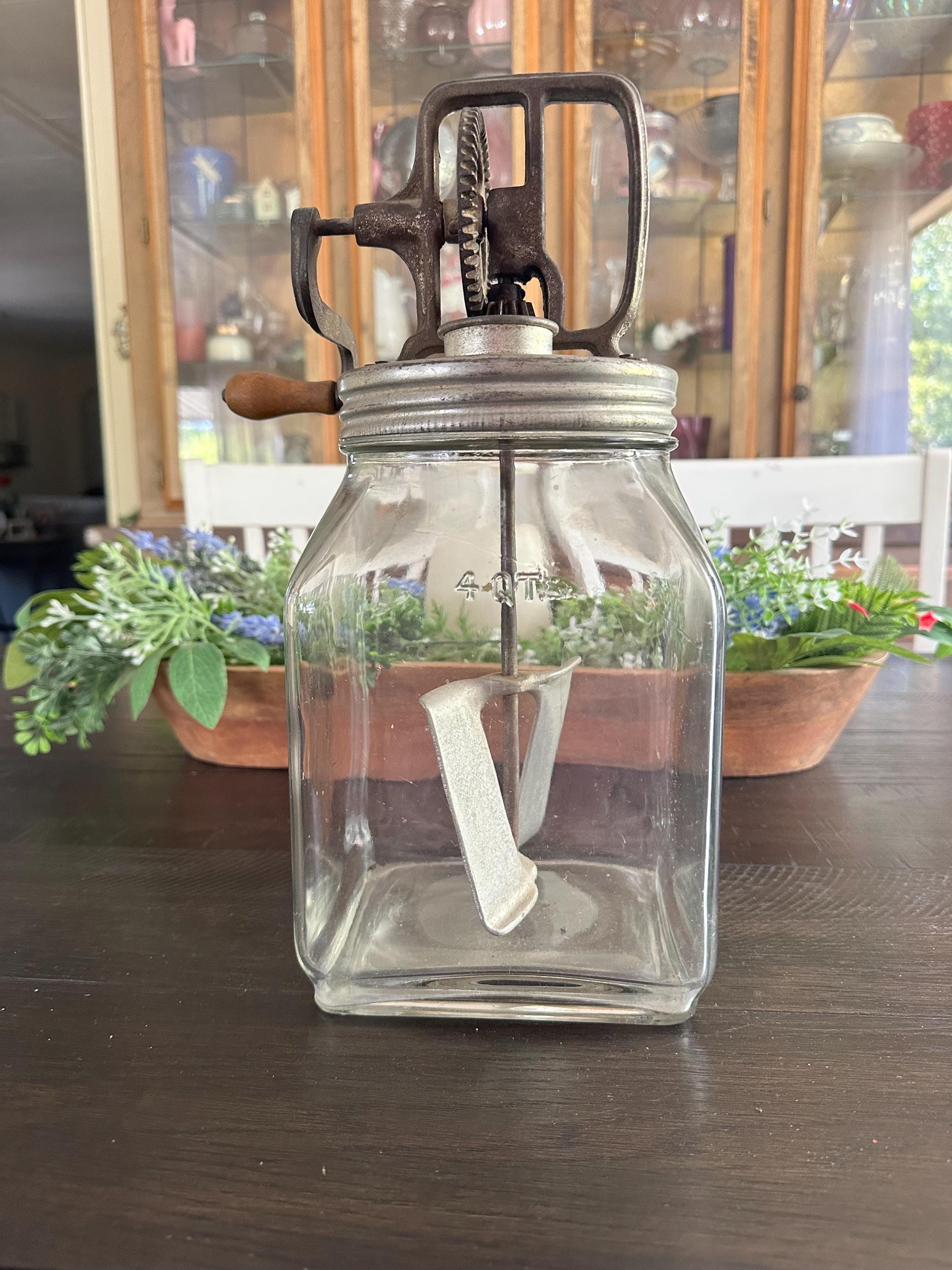 Antique Elgin Brand 4 Quart Glass & Wood Butter Churn Table Top Hand ...