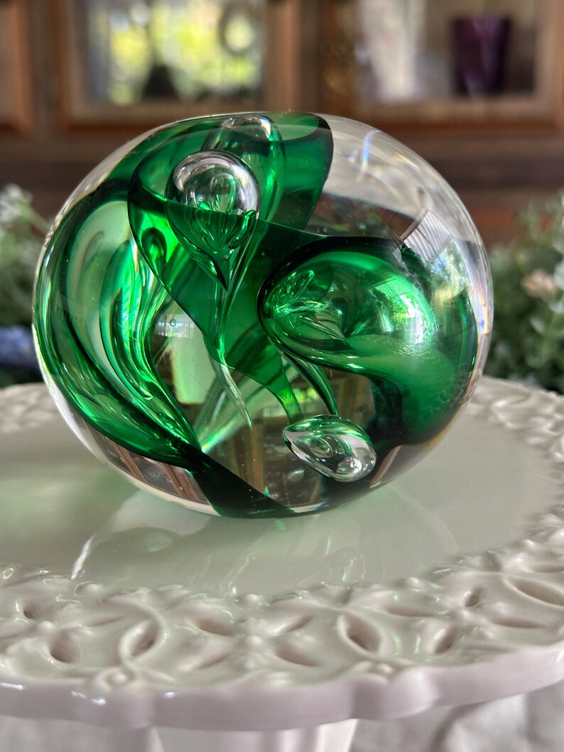 Vintage Green and Clear Paperweight Signed by Michelle Kaptur, Clear ...