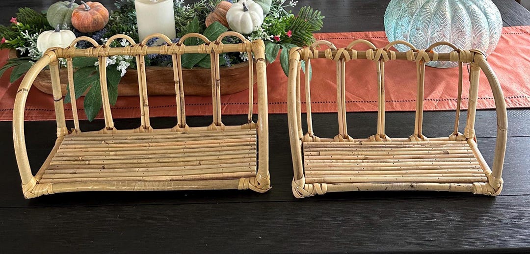 Rattan Bamboo Boho Tiki Cane Rattan Wicker Wall Shelf Shelves Mid ...