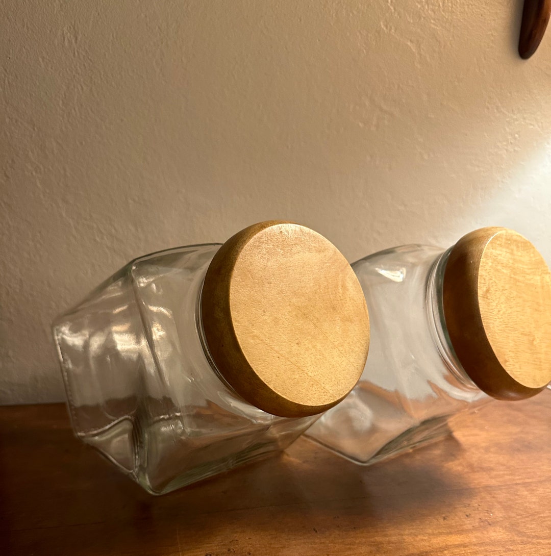Glass Tilted Slant Canisters for Candy Cookie Jar With Wood Lid Set of ...