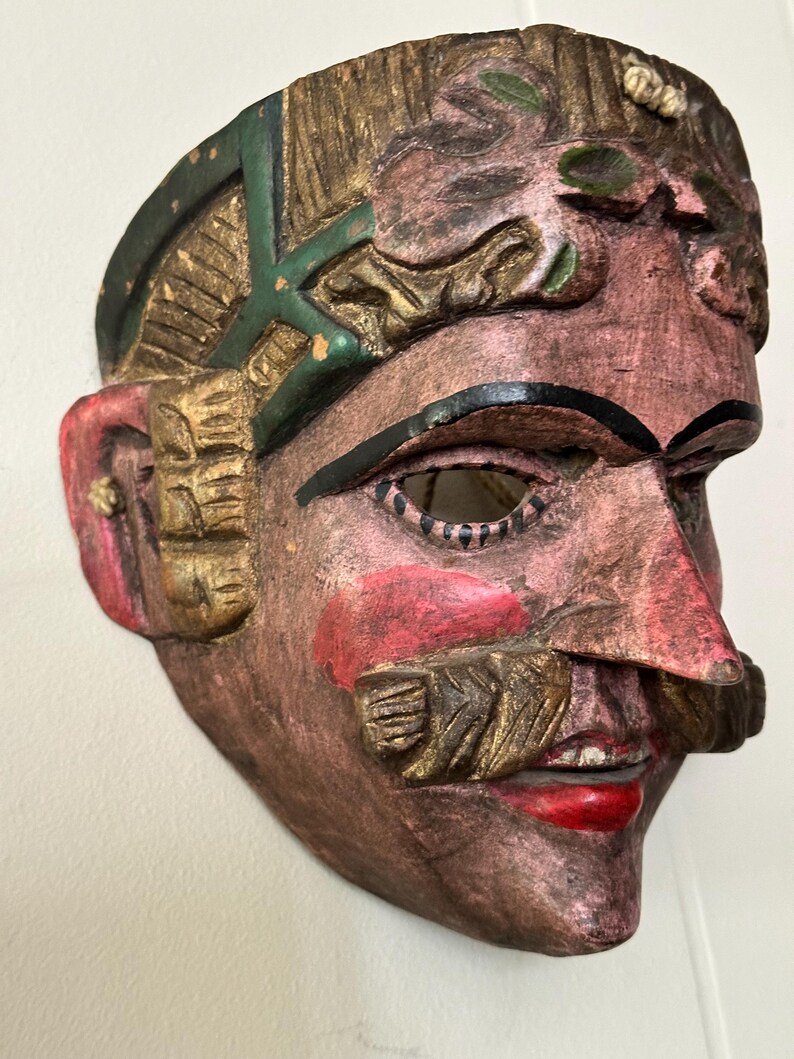Guatemalan Folk Art Mask 1950s Red, Green Pointy Nosed Man With a ...