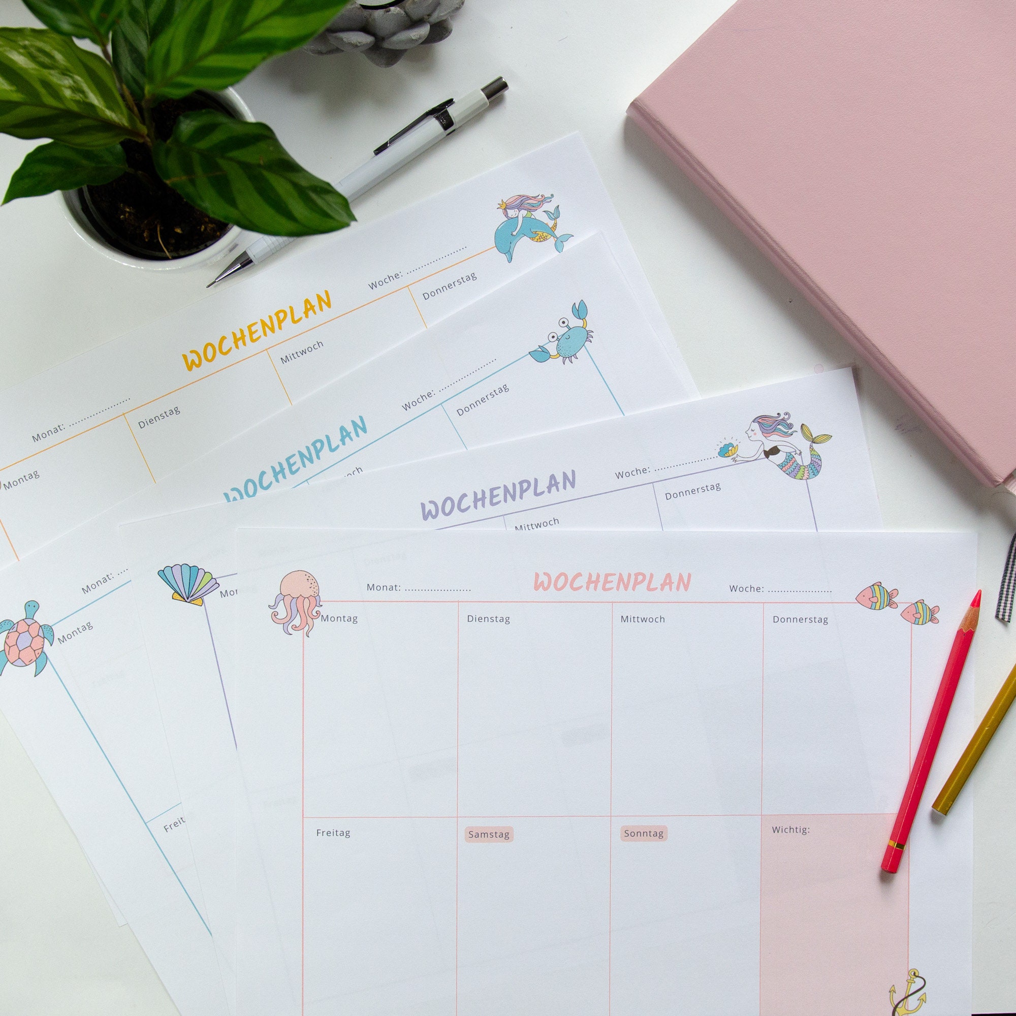 German Printable Family Planner With Cute Mermaid Design, Landscape A4 ...