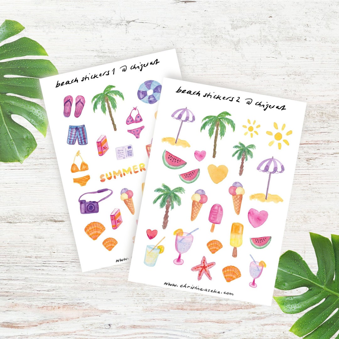 Watercolor Beach Sticker Sheet Set: Summer Vacation Planner Stickers - Etsy