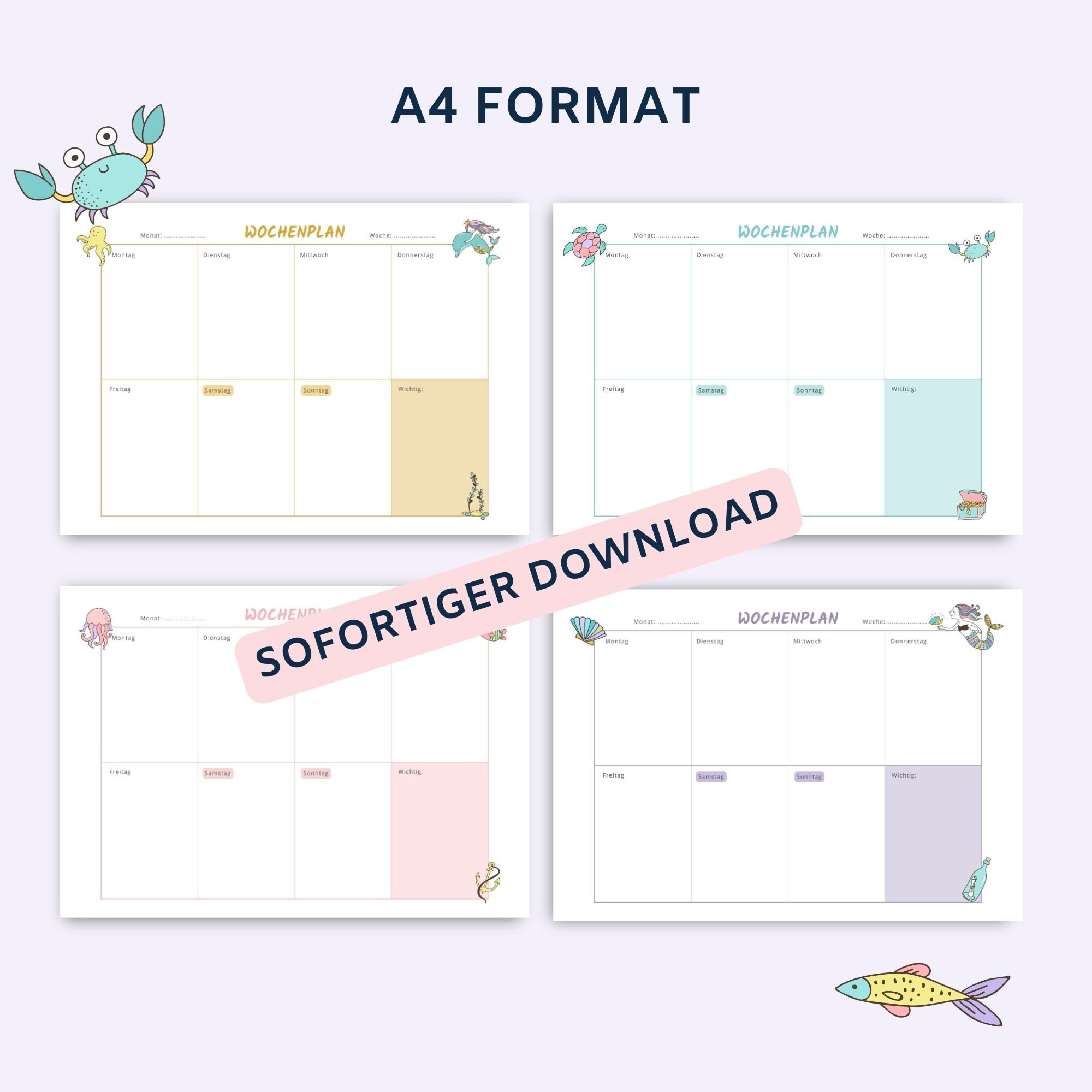 German Printable Family Planner With Cute Mermaid Design, Landscape A4 ...