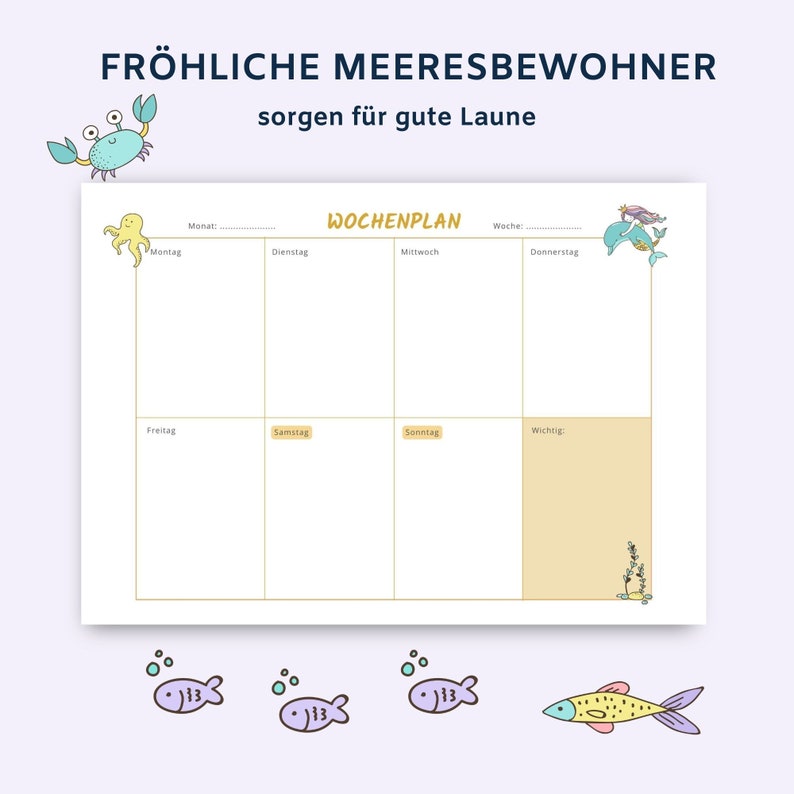 German Printable Family Planner With Cute Mermaid Design, Landscape A4 ...