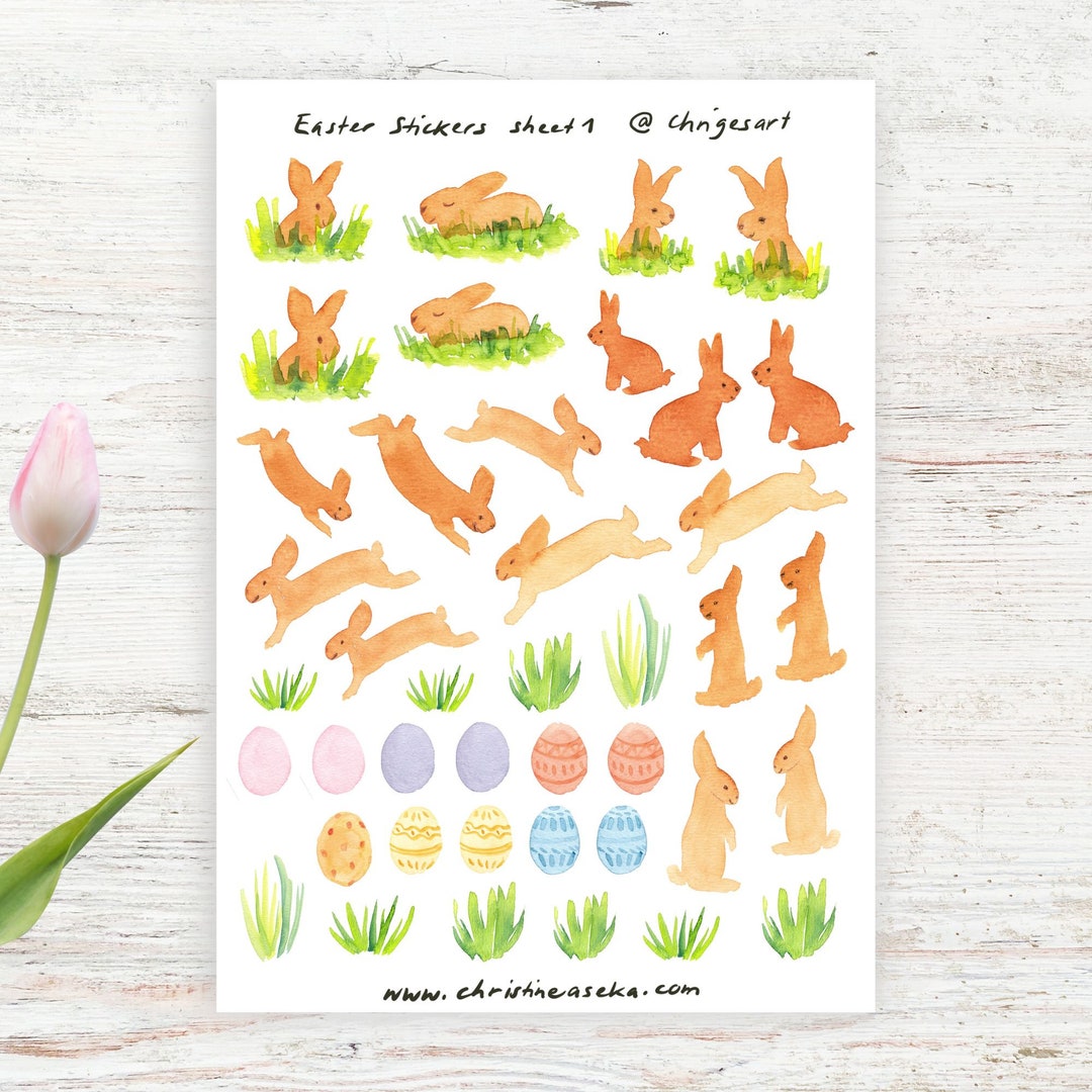 Easter Sticker Sheet, Bunny Watercolor Stickers, Spring Sticker Set ...