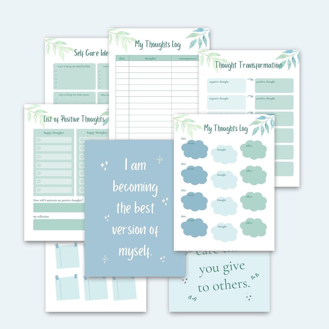 Self Care Planner, Mental Health Journal, Mood Tracker With Soft Green ...