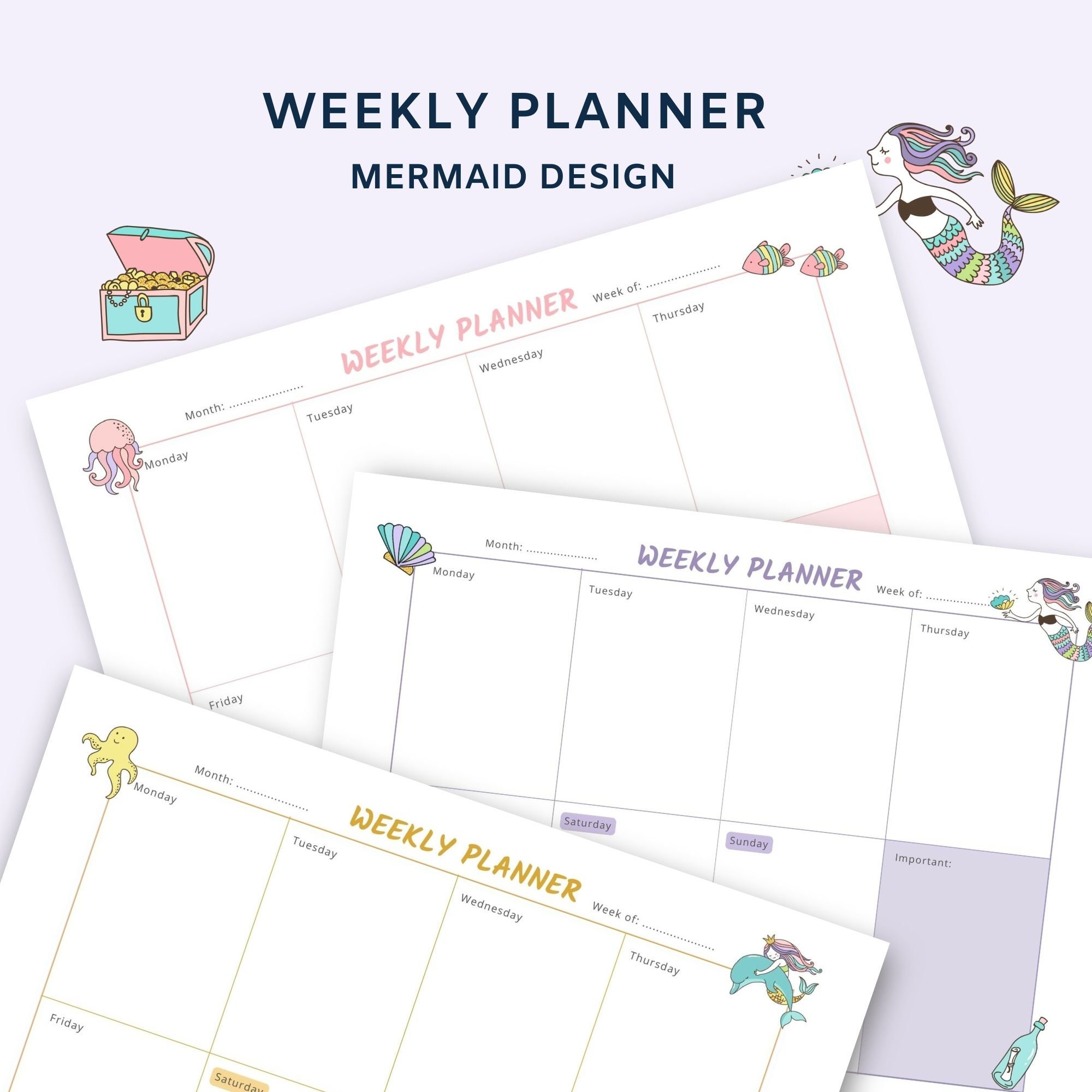 Cute Playful Weekly Planner Pdf, Ocean Mermaid Theme, Horizontal ...