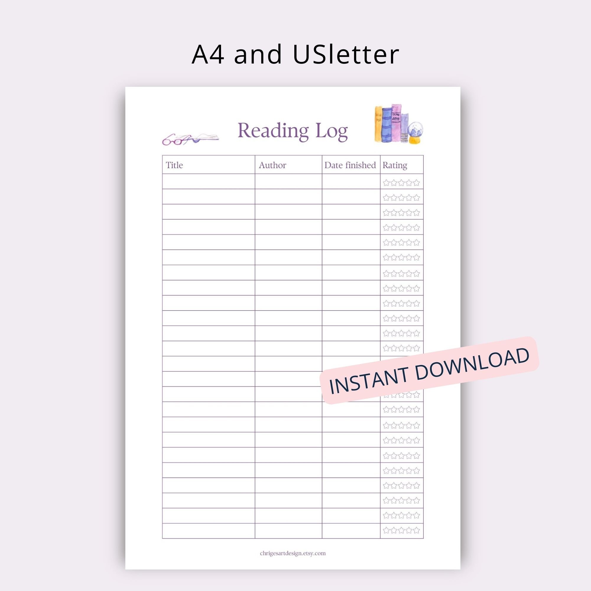 Reading Log, Reading Tracker, Book Log Printable, Instant Download, A4 ...
