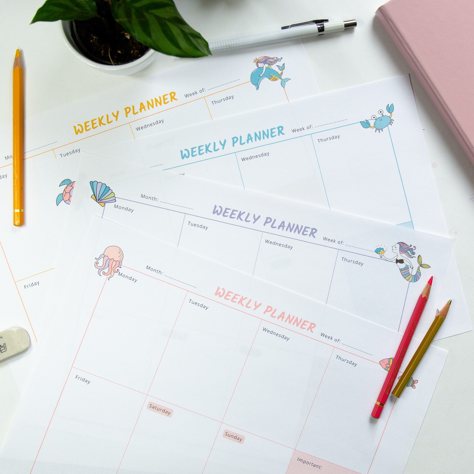 Cute Playful Weekly Planner Pdf, Ocean Mermaid Theme, Horizontal ...