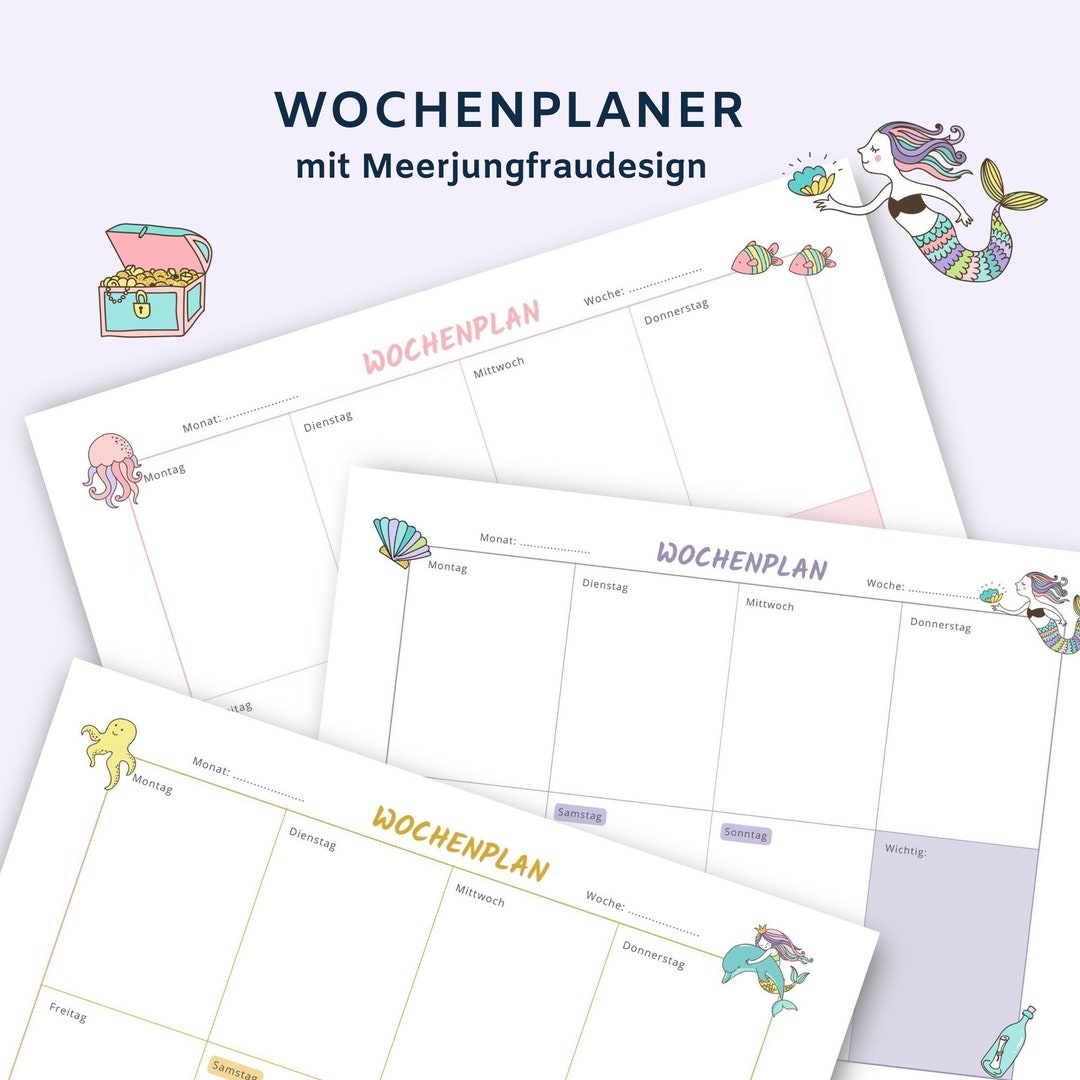 German Printable Family Planner With Cute Mermaid Design, Landscape A4 ...