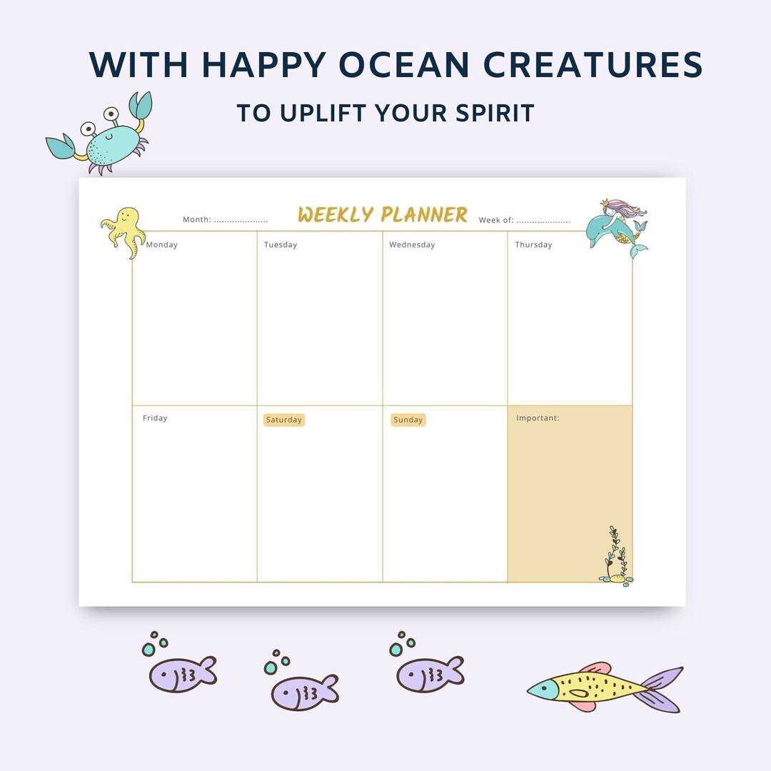 Cute Playful Weekly Planner Pdf, Ocean Mermaid Theme, Horizontal ...