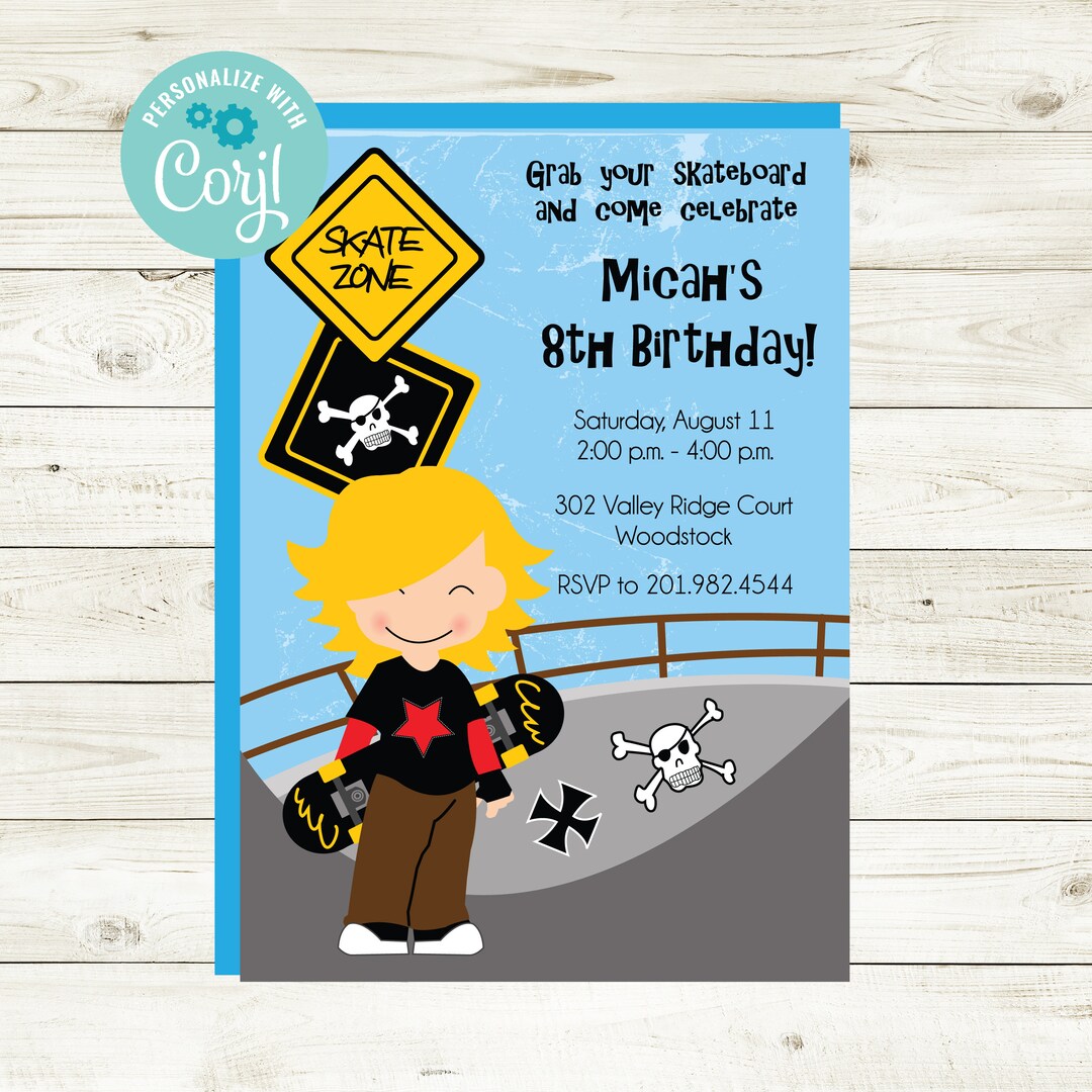 EDITABLE Skater Boy Birthday Party Invitation Skater Boy Birthday ...