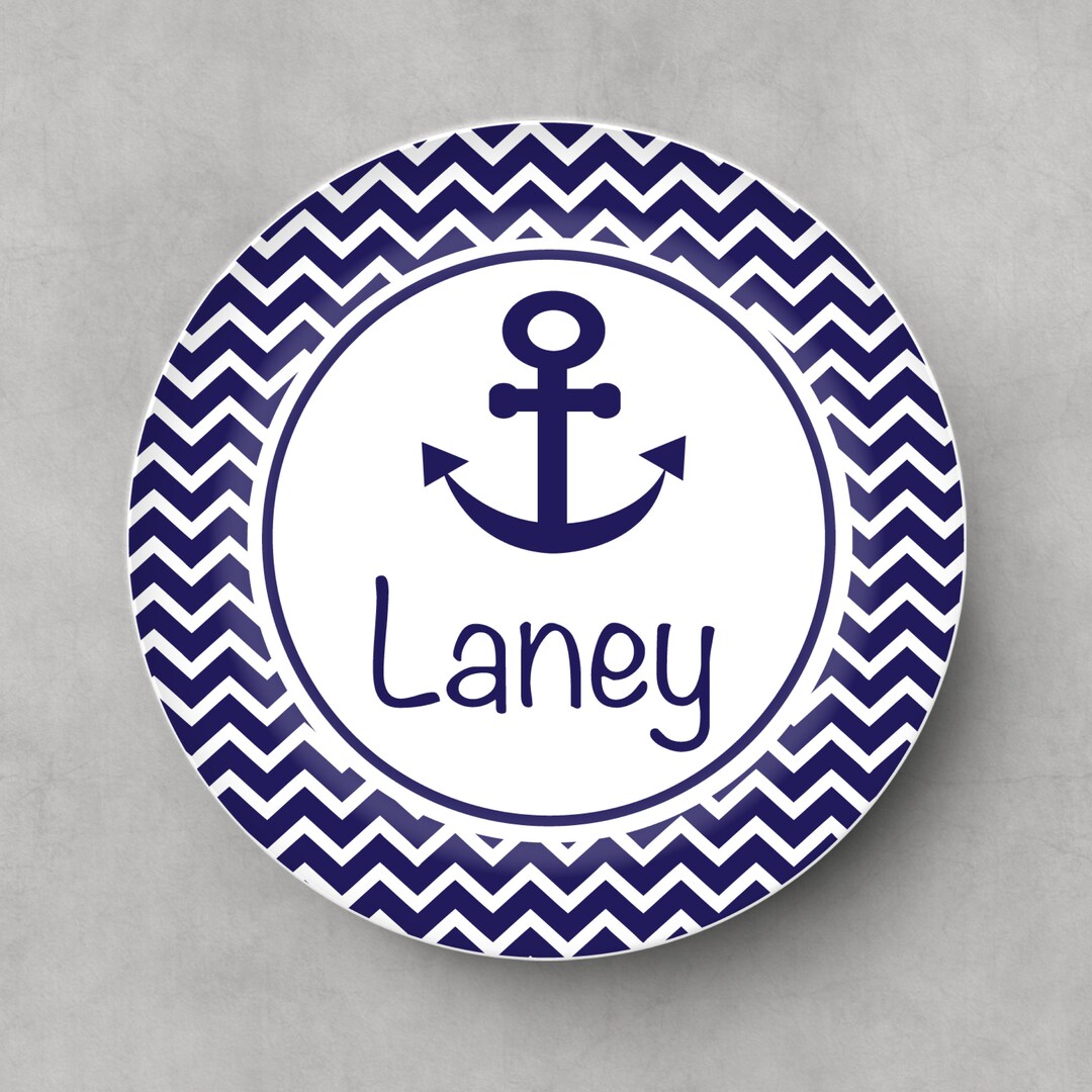 Blue Chevron Nautical Anchor Personalized Personalized Plates for Kids ...