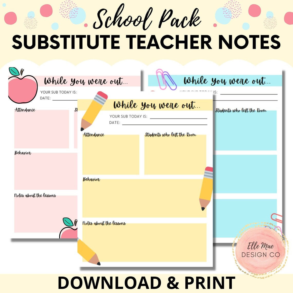 School Substitute Teacher Notes Teacher Feedback Printable - Etsy