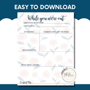 School Substitute Teacher Notes • Teacher Feedback Printable ...