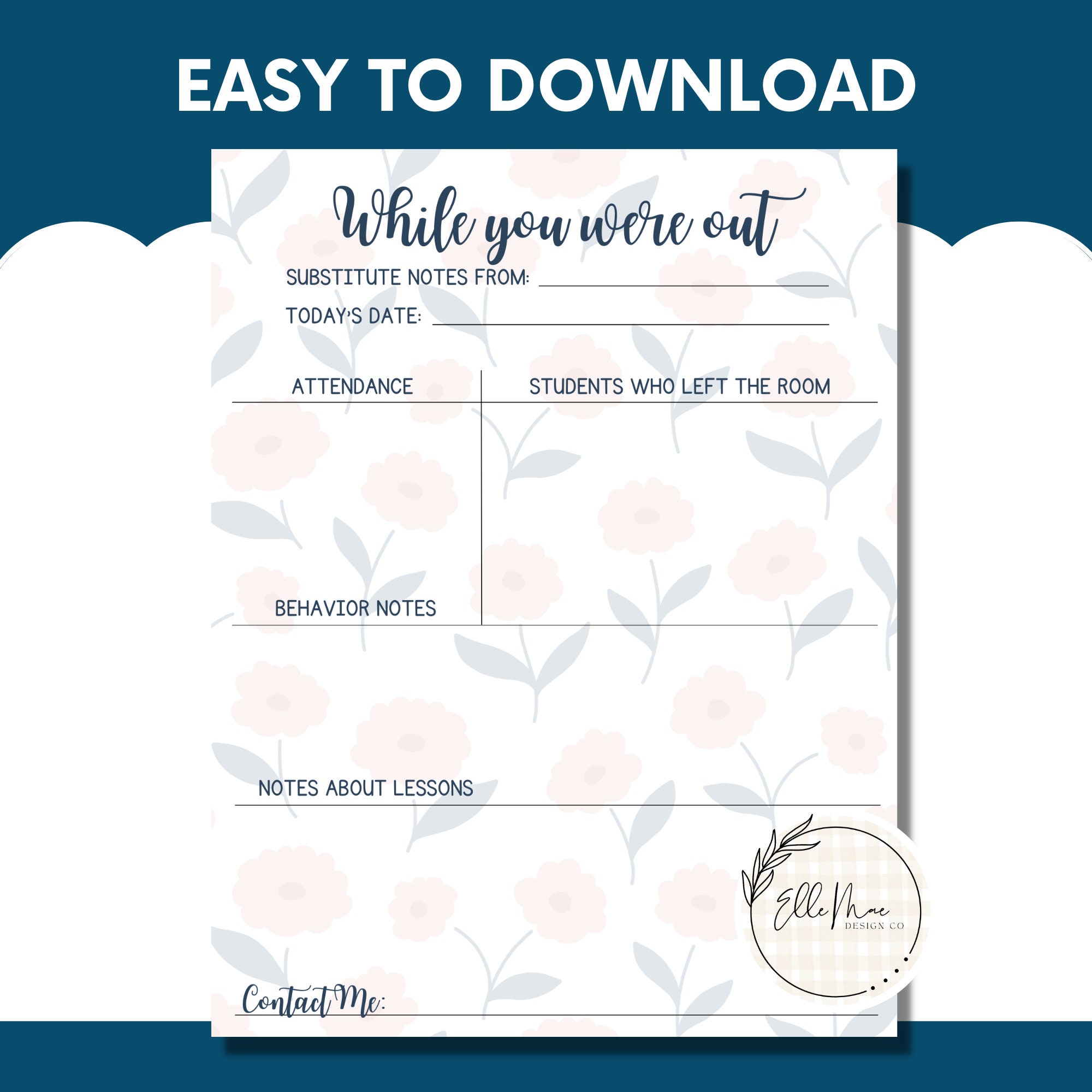 School Substitute Teacher Notes Teacher Feedback Printable Elementary ...