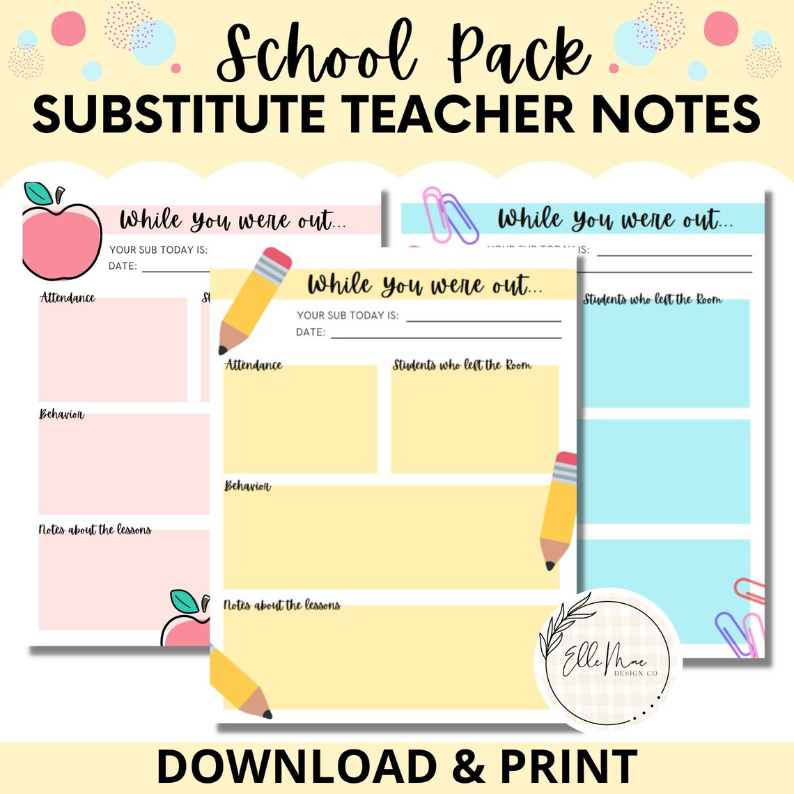 School Substitute Teacher Notes Teacher Feedback Printable - Etsy