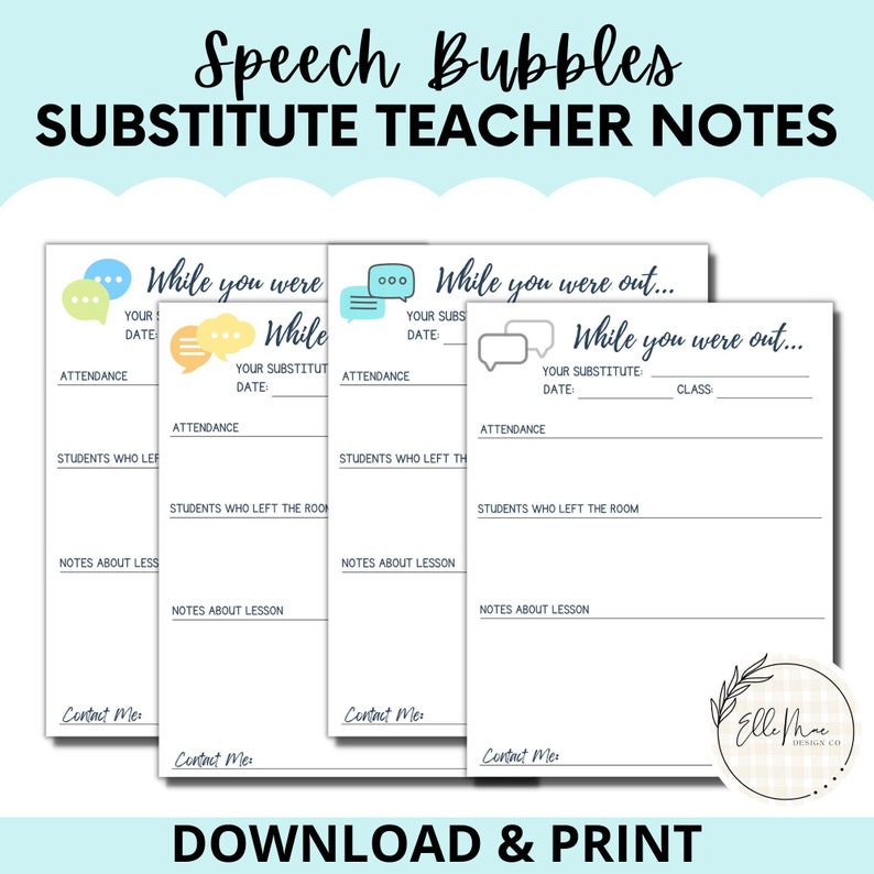 Substitute Notes • Sub Binder Teacher Organization • Printable Template ...