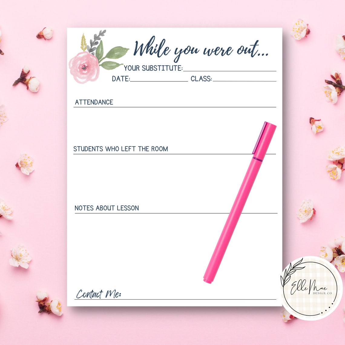 Floral Substitute Teacher Notes • Teacher Organization • Printable ...