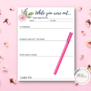 Floral Substitute Teacher Notes • Teacher Organization • Printable ...