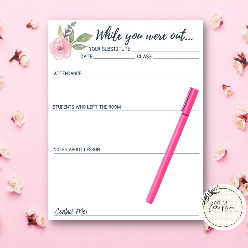 Floral Substitute Teacher Notes • Teacher Organization • Printable ...