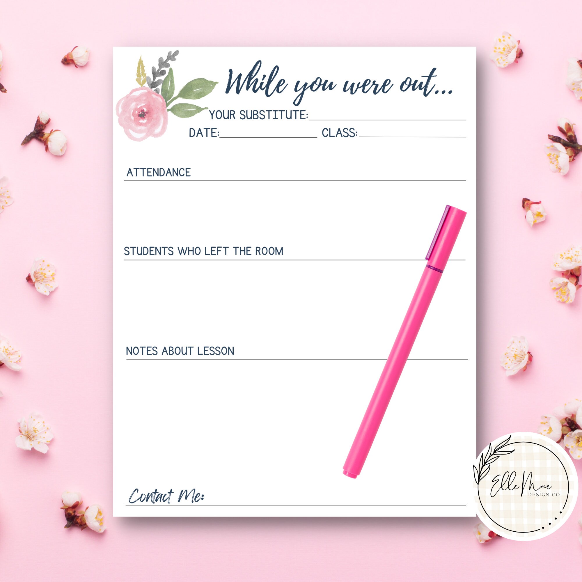 Floral Substitute Teacher Notes Teacher Organization Printable Document ...