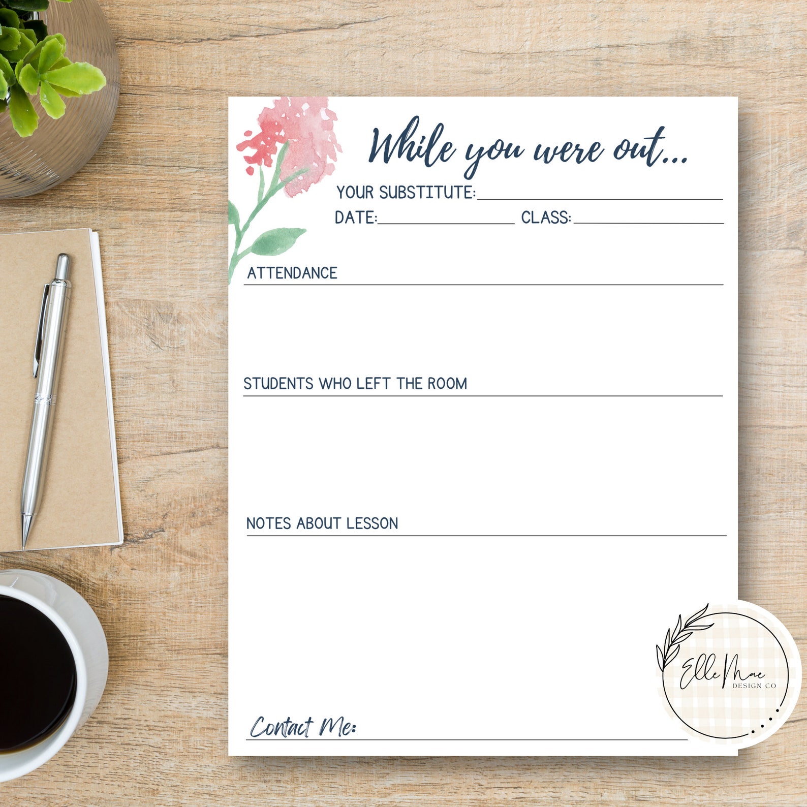 Floral Substitute Teacher Notes • Teacher Organization • Printable ...