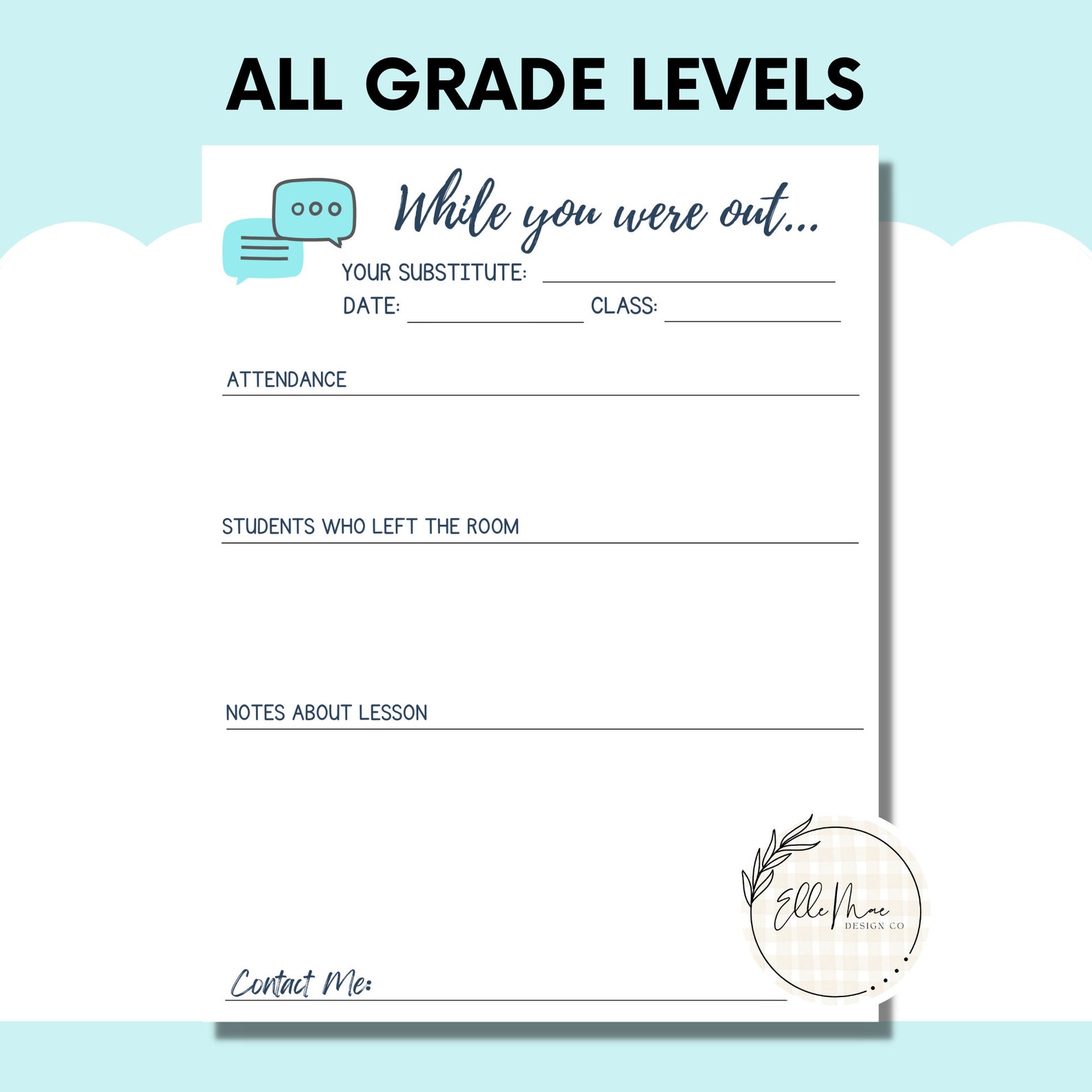 Substitute Notes • Sub Binder Teacher Organization • Printable Template ...