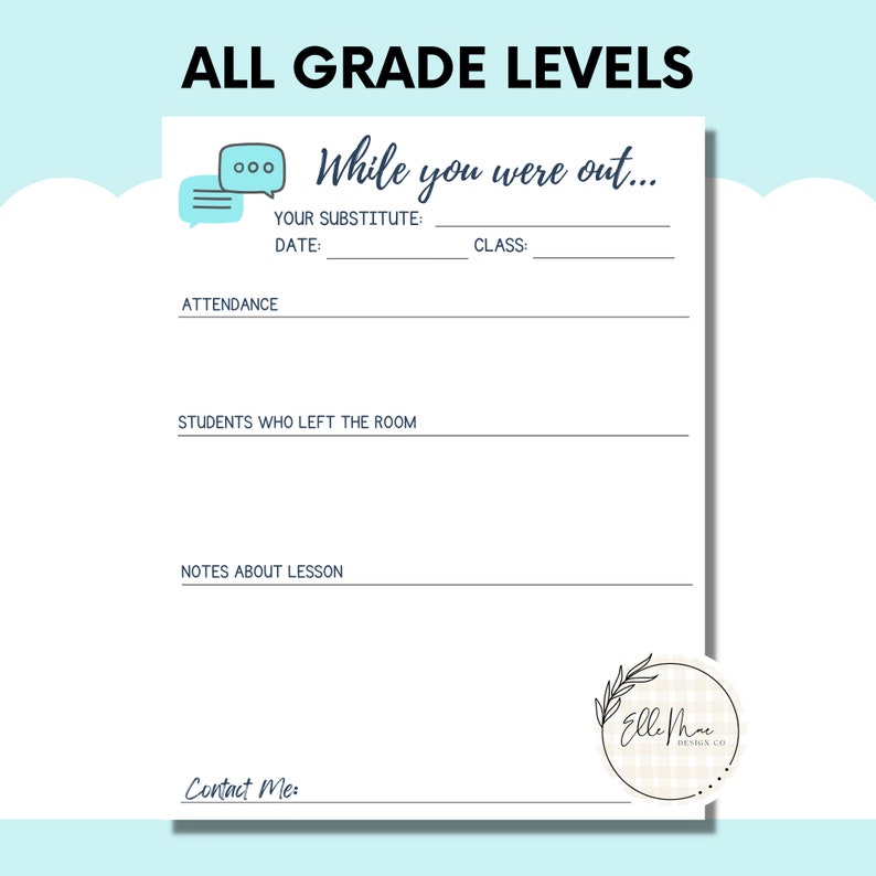 Substitute Notes • Sub Binder Teacher Organization • Printable Template ...