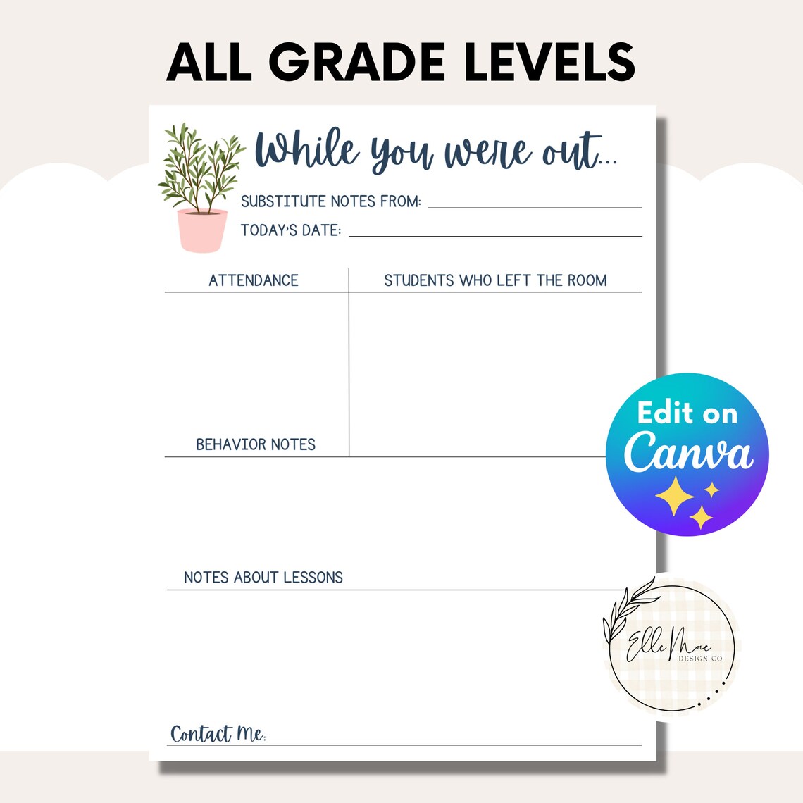 Editable Succulent Plants Substitute Teacher Note Feedback School While ...