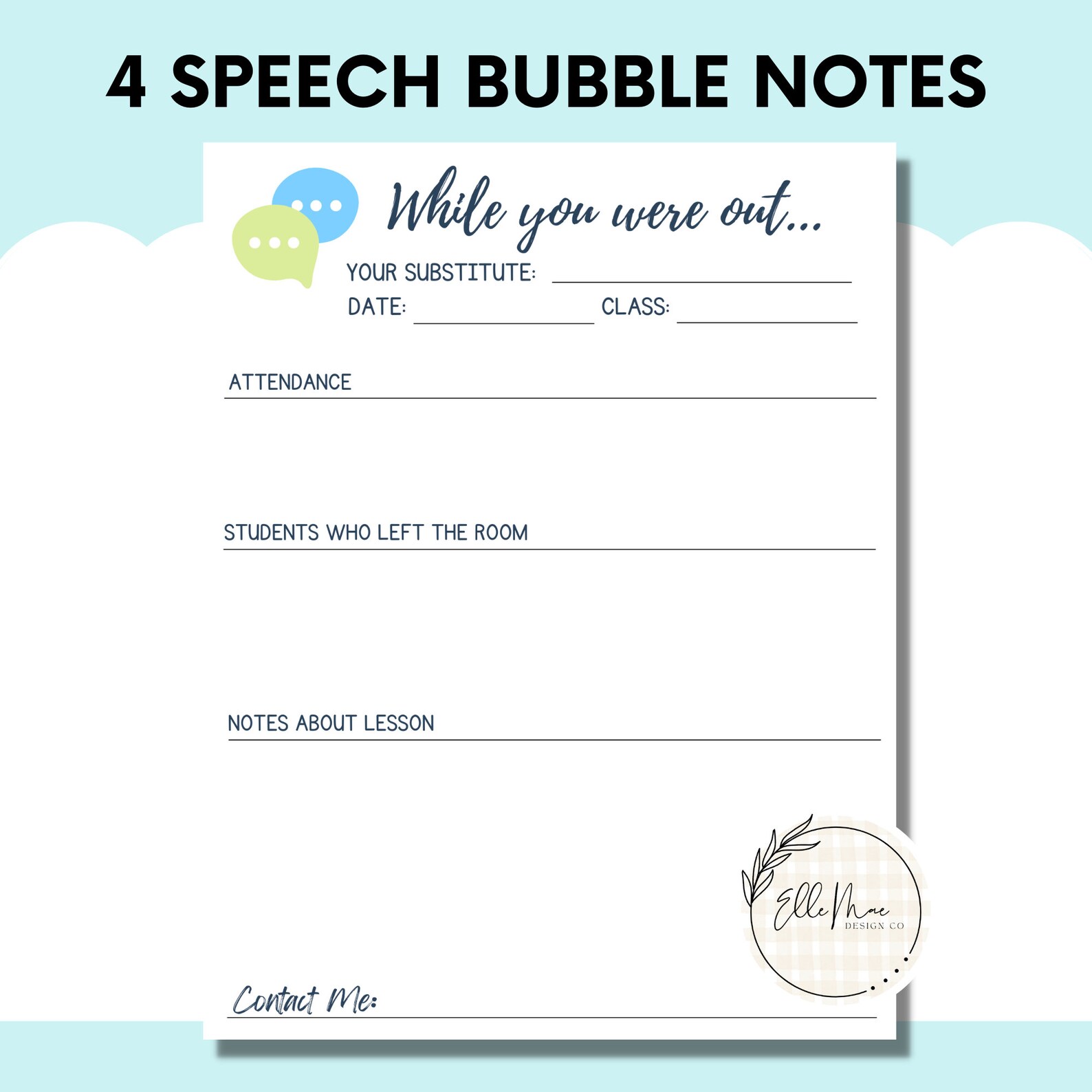Substitute Notes • Sub Binder Teacher Organization • Printable Template ...