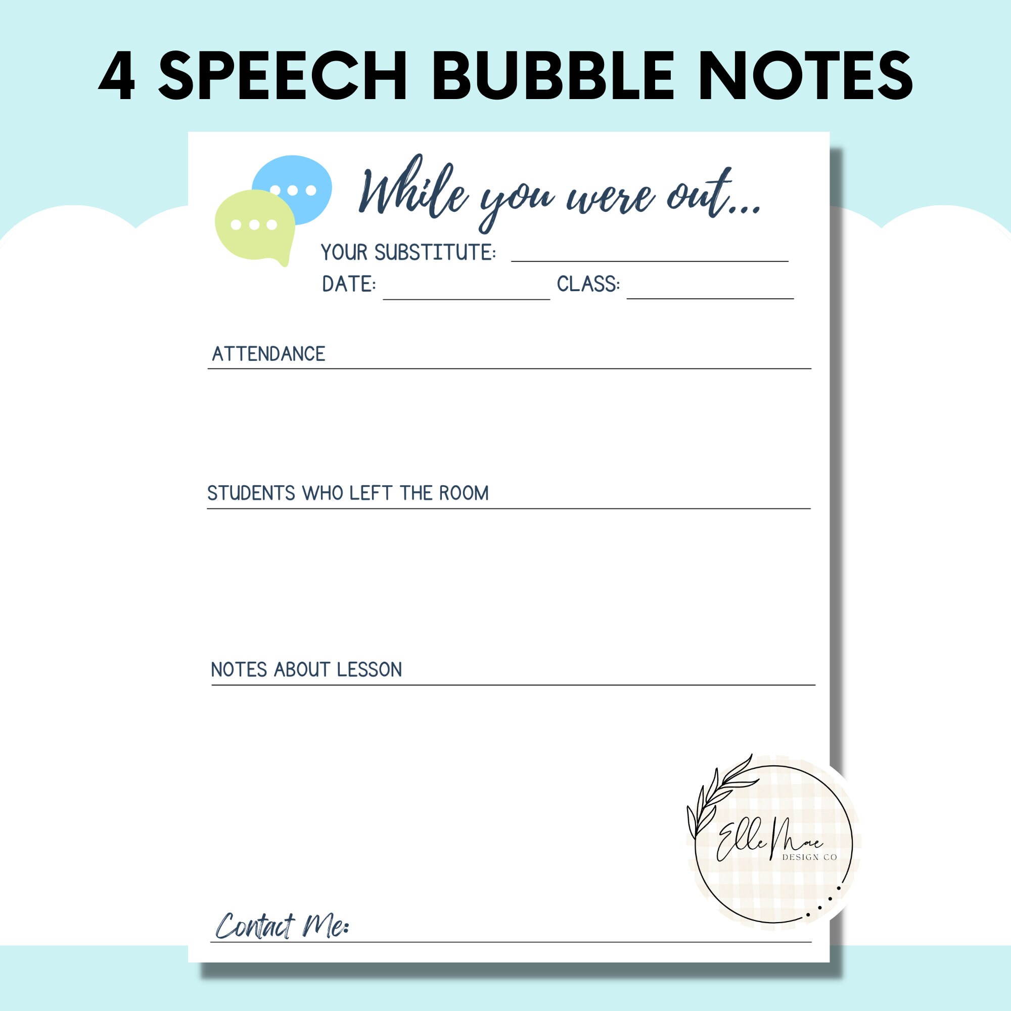 Substitute Notes • Sub Binder Teacher Organization • Printable Template ...