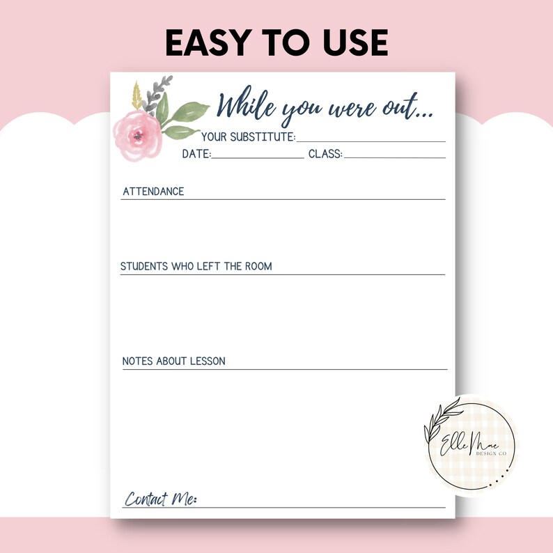 Floral Substitute Teacher Notes • Teacher Organization • Printable ...