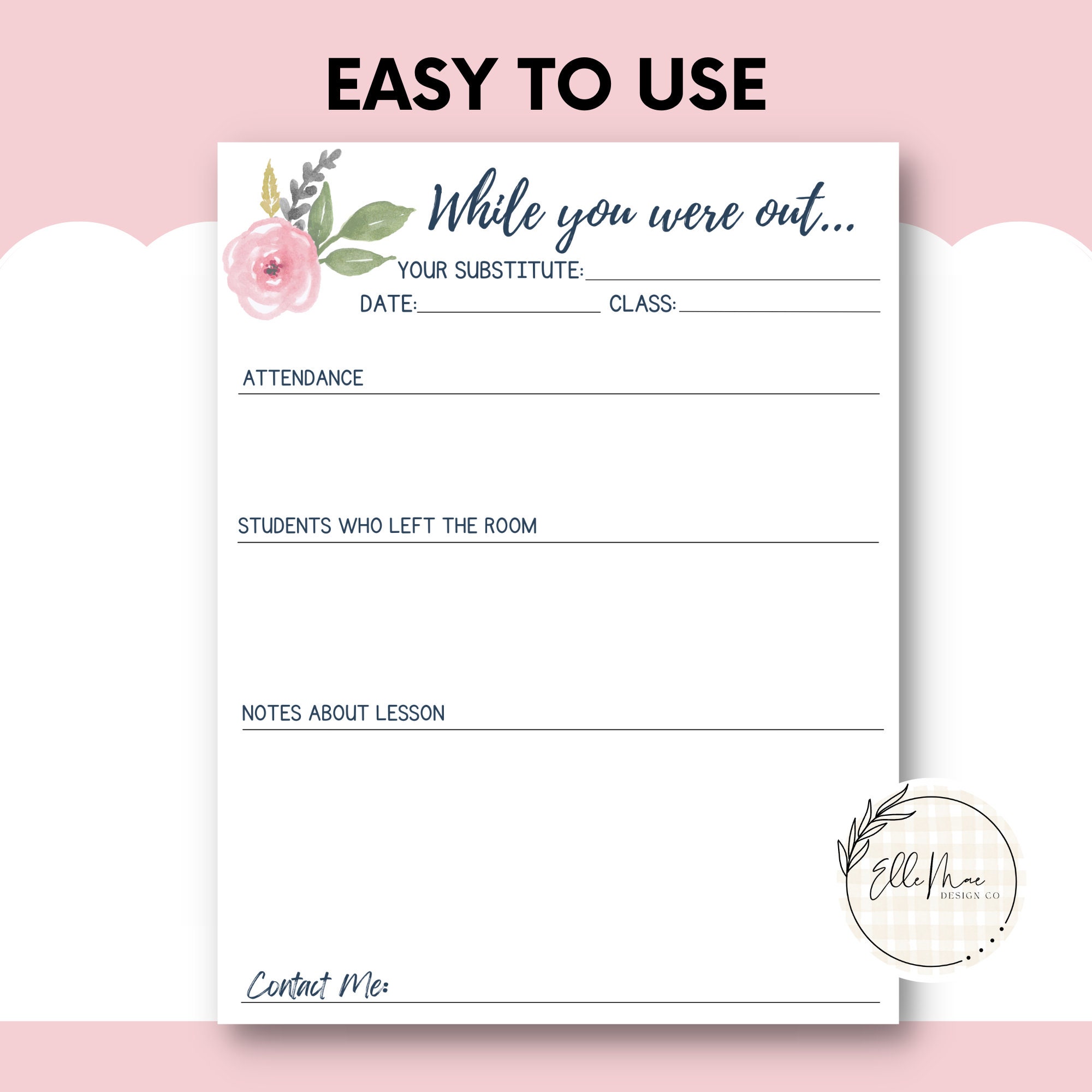 Floral Substitute Teacher Notes Teacher Organization Printable Document ...
