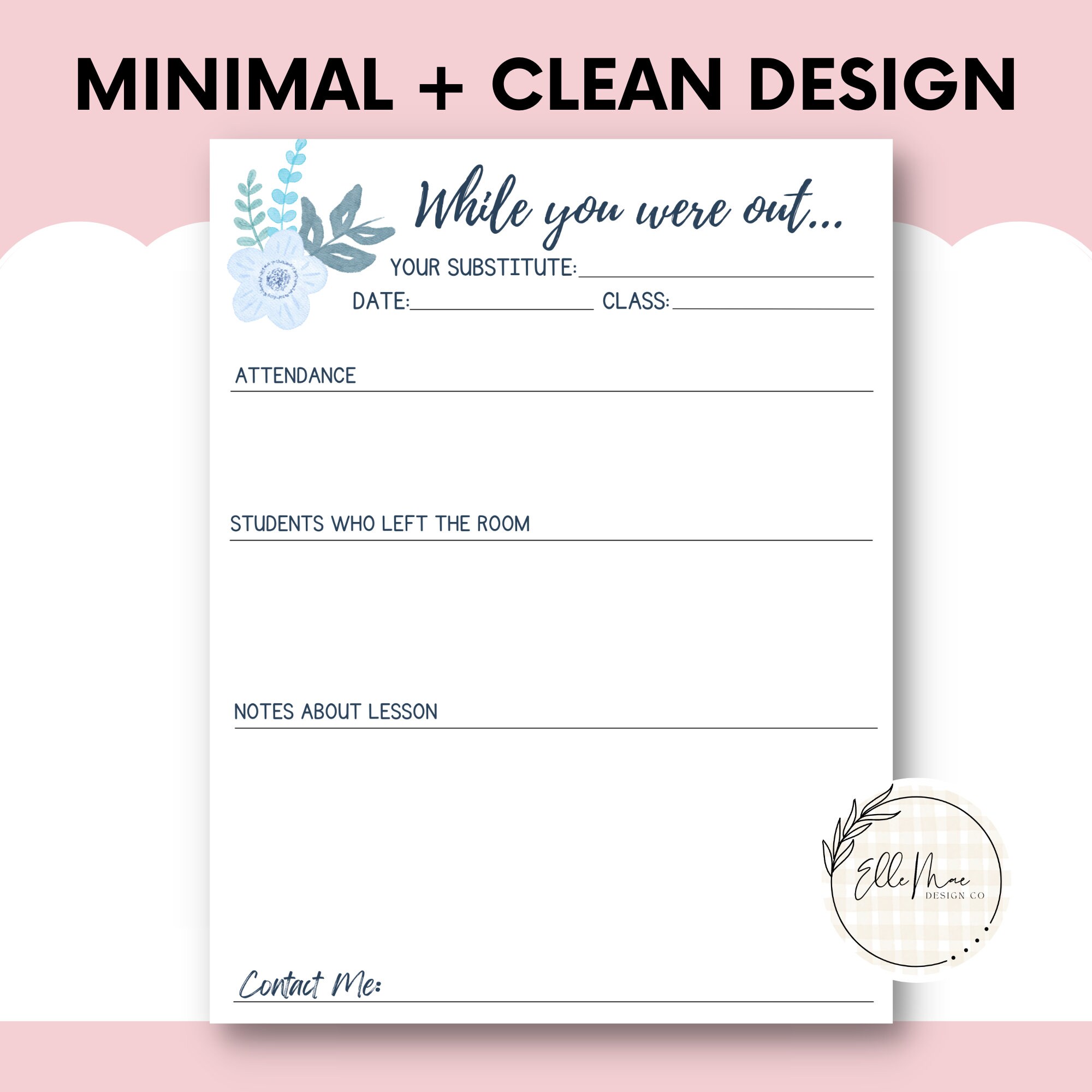 Floral Substitute Teacher Notes Teacher Organization Printable Document ...