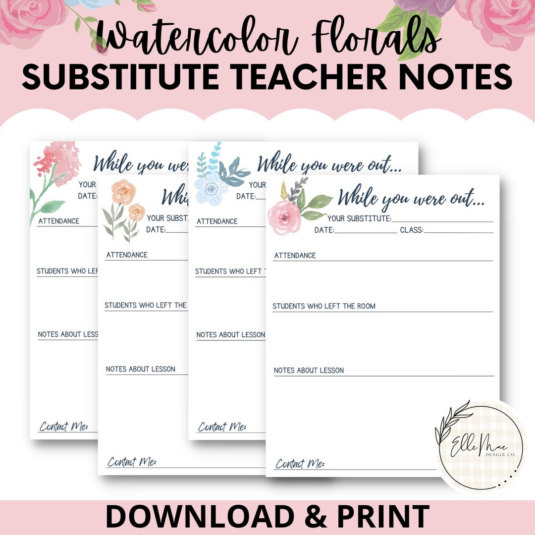 Floral Substitute Teacher Notes • Teacher Organization • Printable ...