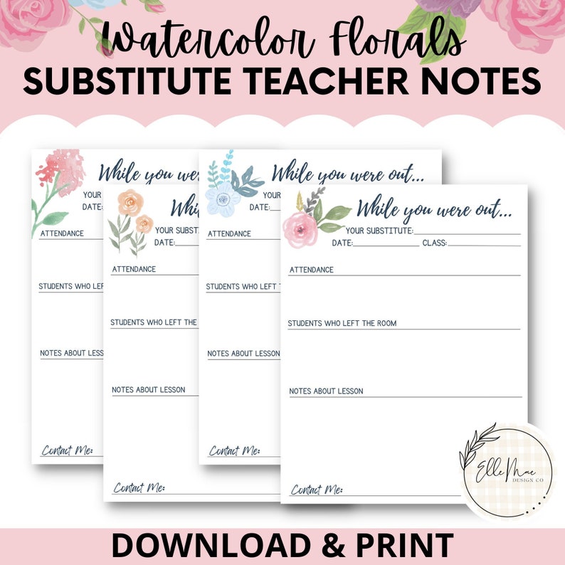 Floral Substitute Teacher Notes • Teacher Organization • Printable ...